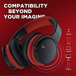 PurelySound E7 Active Noise Cancelling Headphones, Wireless Over Ear Bluetooth Headphones, 20H Playtime, Rich Deep Bass, Comfortable Memory Foam Ear Cups for Travel, Home Office - Red