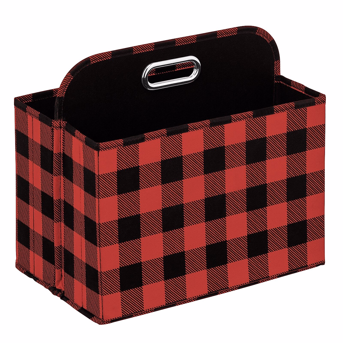 mDesign Holiday Storage Box for Gift Wrapping and Bows with Compartments and Handle - Christmas Organizer Tote for Ribbons - Divided Container for Crafts and Stationary - Buffalo Plaid, Red/Black