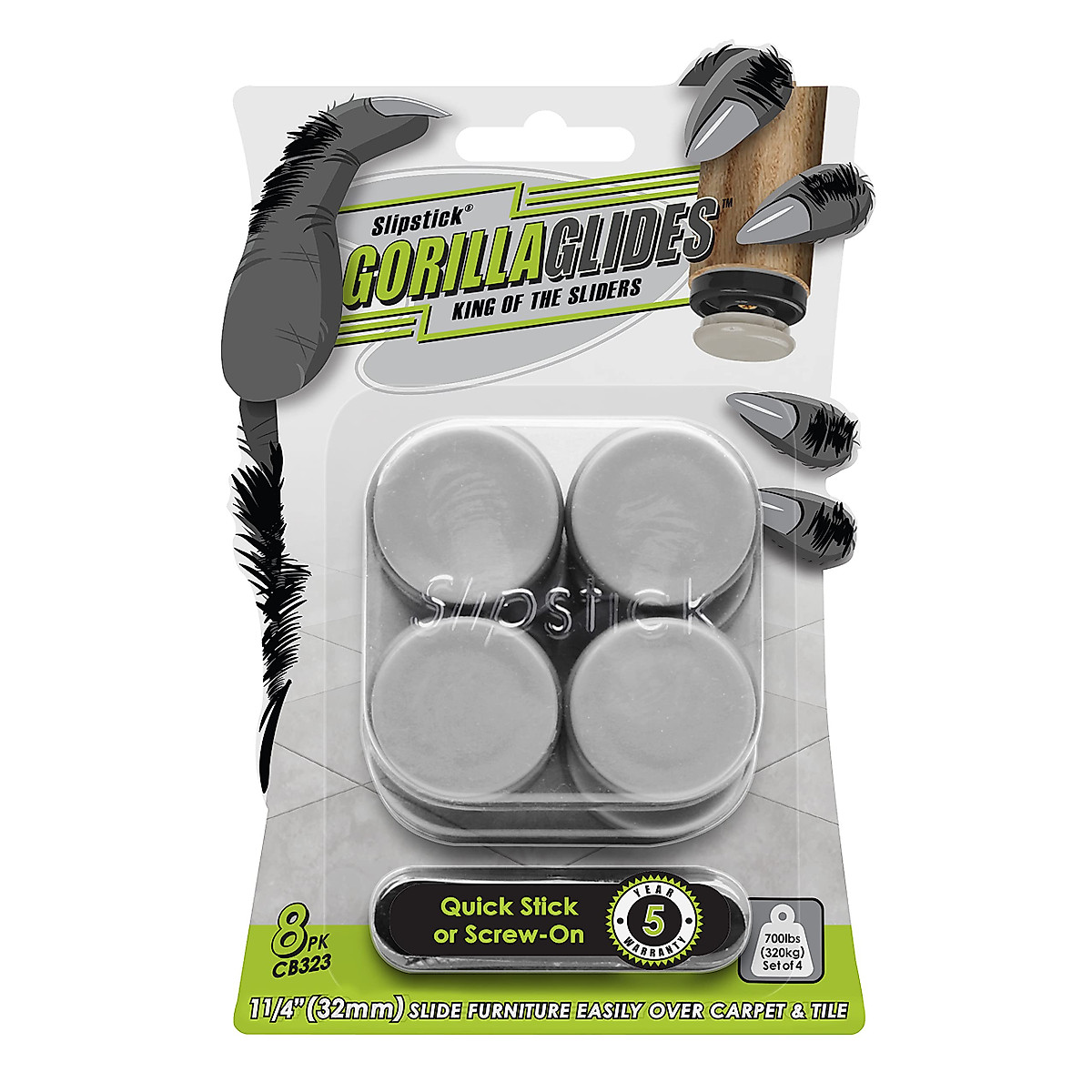 GorillaGlides CB323 1-1/4 Inch Furniture Sliders/Chair Glide Floor Protectors (Set of 8 Glides) Self-Adhesive Screw On Glides for Sliding on Carpet and Hard Surface Flooring, Round