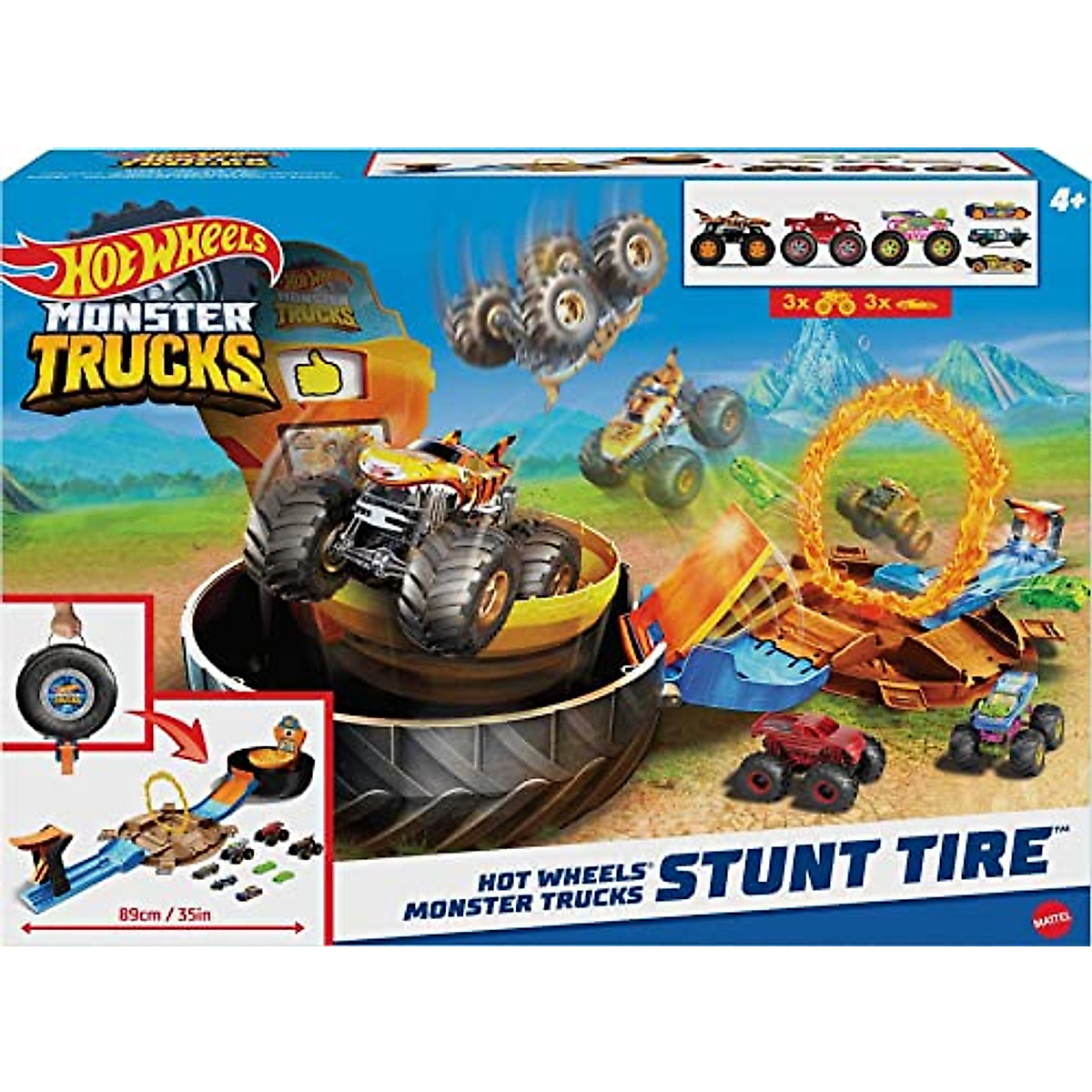 Hot Wheels Monster Trucks Stunt Tire Playset With 3 Toy Monster Trucks & 4 Hot Wheels Toy Cars in 1:64 Scale [Amazon Exclusive]
