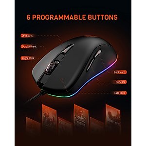 DAREU Wired Gaming Mouse, 6400DPI,6 Programmable Buttons, Ergonomic RGB Gaming Mouse with 16.8 Million Chroma 7 Backlit for PC, Laptop, and Notebook