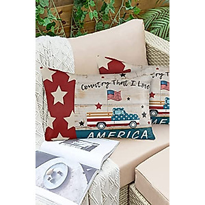 Waterproof Throw Pillow Covers Set of 2 Outdoor Pillowcases Patriotic Stars Rustic Red Truck Car with American Flag Garden Cushion Covers for Patio Tent Garden 20 x 12 Inch