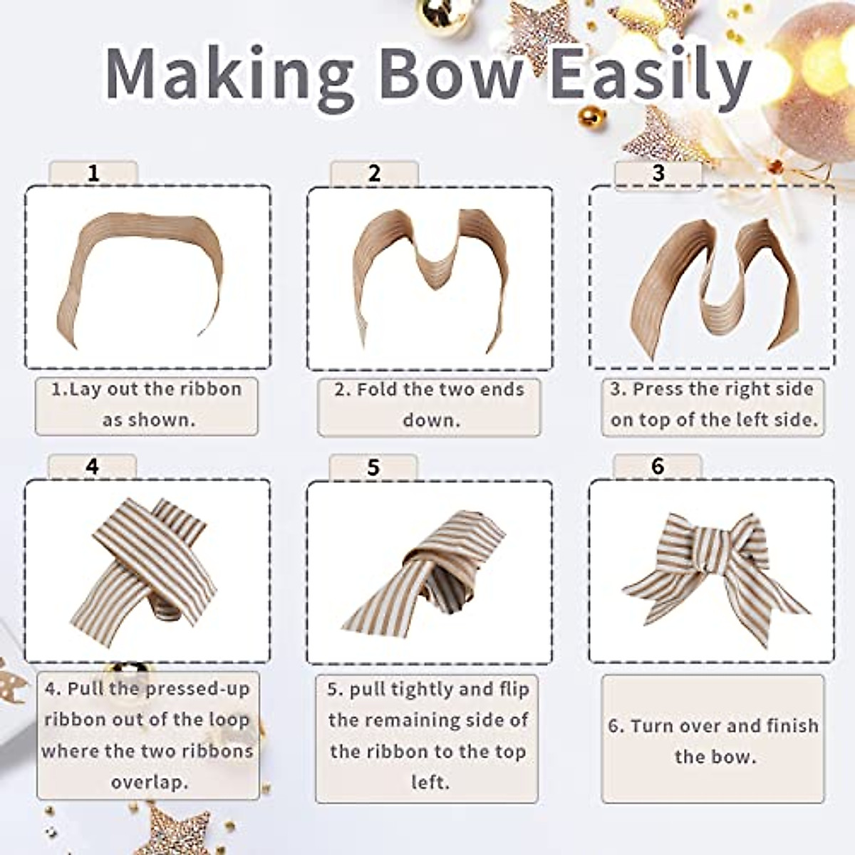 MuRealy Wired Ribbons 20 Yards, 2.5 Inch 4 Rolls Natural Welcome Stripe Polyester Farmhouse Ribbons with Buffalo Plaid Dot Letter for Craft DIY Wreaths Christmas Deco, Gifts Wrapping