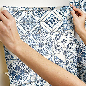 RoomMates RMK11083WP Blue Mediterranian Tile Peel and Stick Wallpaper 20.5" x 16.5 feet