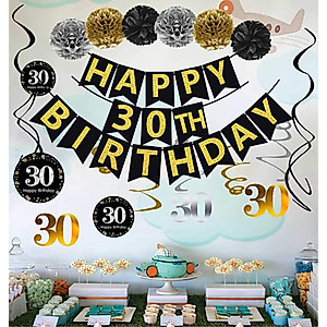 Famoby Black & Gold Glittery Happy 30th Birthday Banner,Poms,Sparkling 30 Hanging Swirls Kit for 30th Birthday Party 30th Anniversary Decorations Supplies
