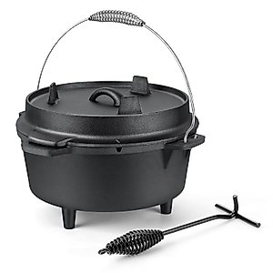 5QT Cast Iron Dutch Oven, HaSteeL Pre Seasoned Camping Pot & Lid Lifter, Large Heavy Duty Deep Pot with Feet & 2-In-1 Frying Skillet Lid, Great for Outdoor Stovetop Griddle Campfire Cooking Baking