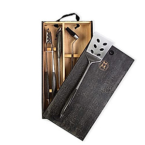Schmidt Brothers - BBQ Ash 4 Piece Grill Set, Full-Forged Stainless Steel Grilling Utensils Including Spatula, Fork, Basting Brush, and Tongs with All Wood Handles