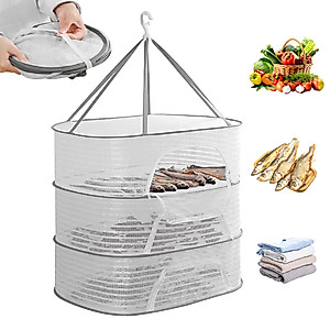 bbJJbbY Herb Drying Rack Net 3 Layers Mesh Hanging Clothes Drying Racks with Zip Windproof Hook 37x23.62x15.75 in Breathable Drying Rack for Vegetables, Fish Home Supplies