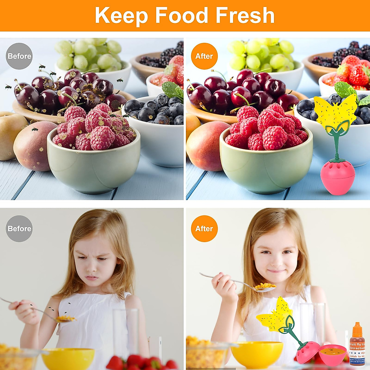 Fruit Fly Trap for Indoor- Non-Toxic Insects Bait Refill Liquid Only- Fruit Fly Bait with Sticky Pads- with 6 Packs Fly Trap Refills Liquid Replacement- 24 Packs Fruit Fly Trap Stickers