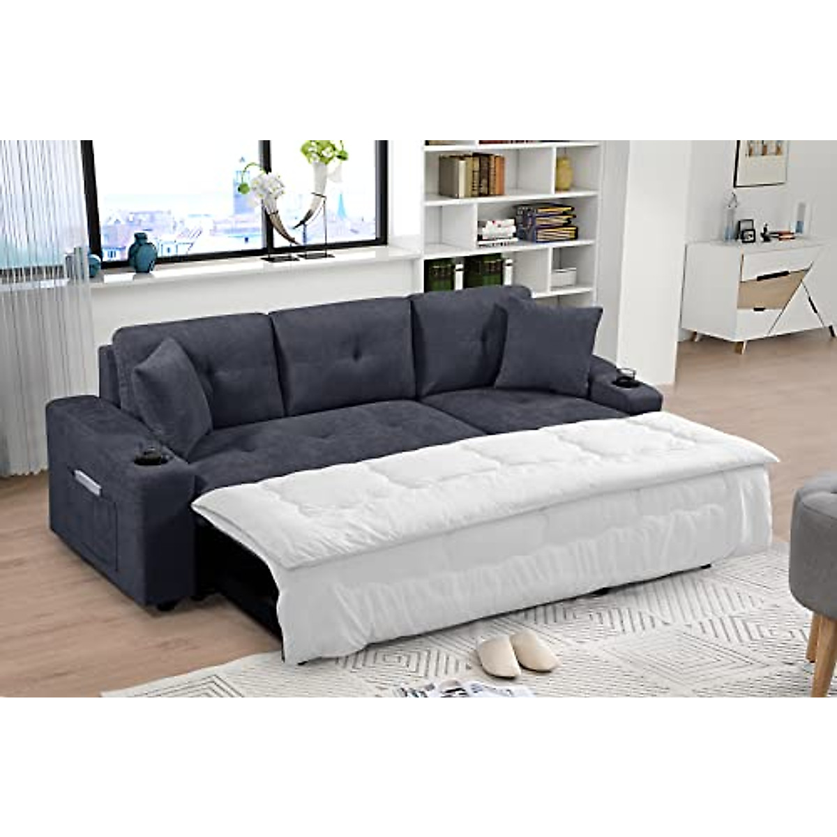 OPTOUGH Gray Sleeper Sectional Storage Chaise and Side Pocket, 2 Cupholders, L-Shape Couch with Pull-Out Sofa Bed for Home Living Room Apartment, Dark Grey