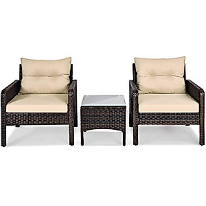 Tangkula 3 Piece Outdoor Patio Furniture Set for 2, Wicker Chairs with Glass Top Coffee Table, Thick Cushions, All Weather Garden Lawn Poolside Backyard Porch (Brown)