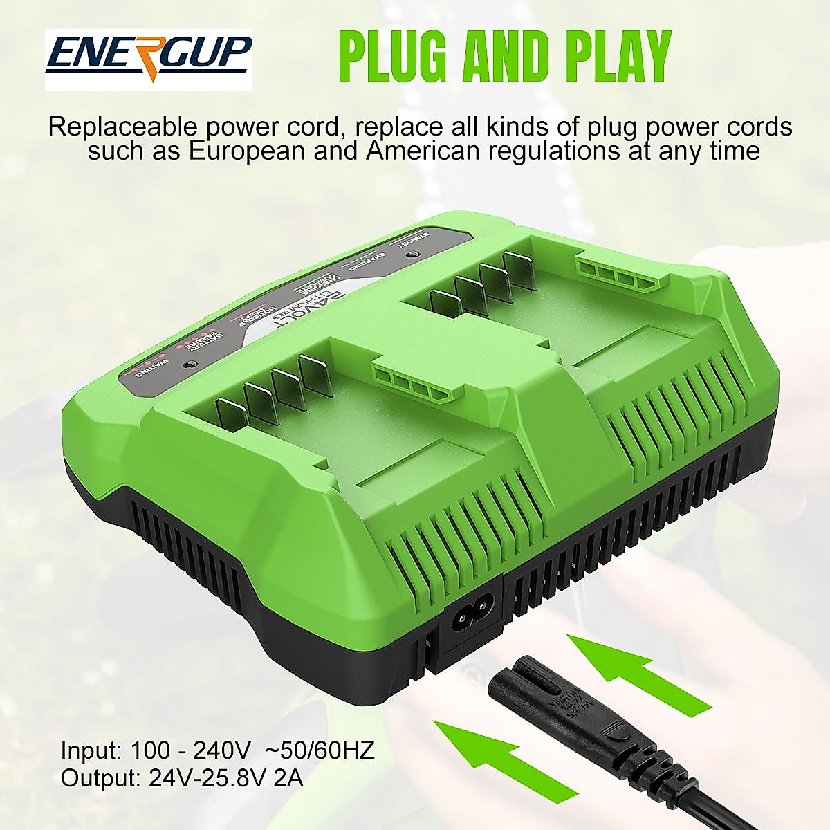 energup 2Pack 24V 3.5Ah Replacement Greenworks 24V Lithium Battery 29842 29852 29322 BAG709 BAG710 20352 22232 2508302 for Greenworks 2X24V + 2Port 29862 Charger for G-24 Greenworks 24V Battery