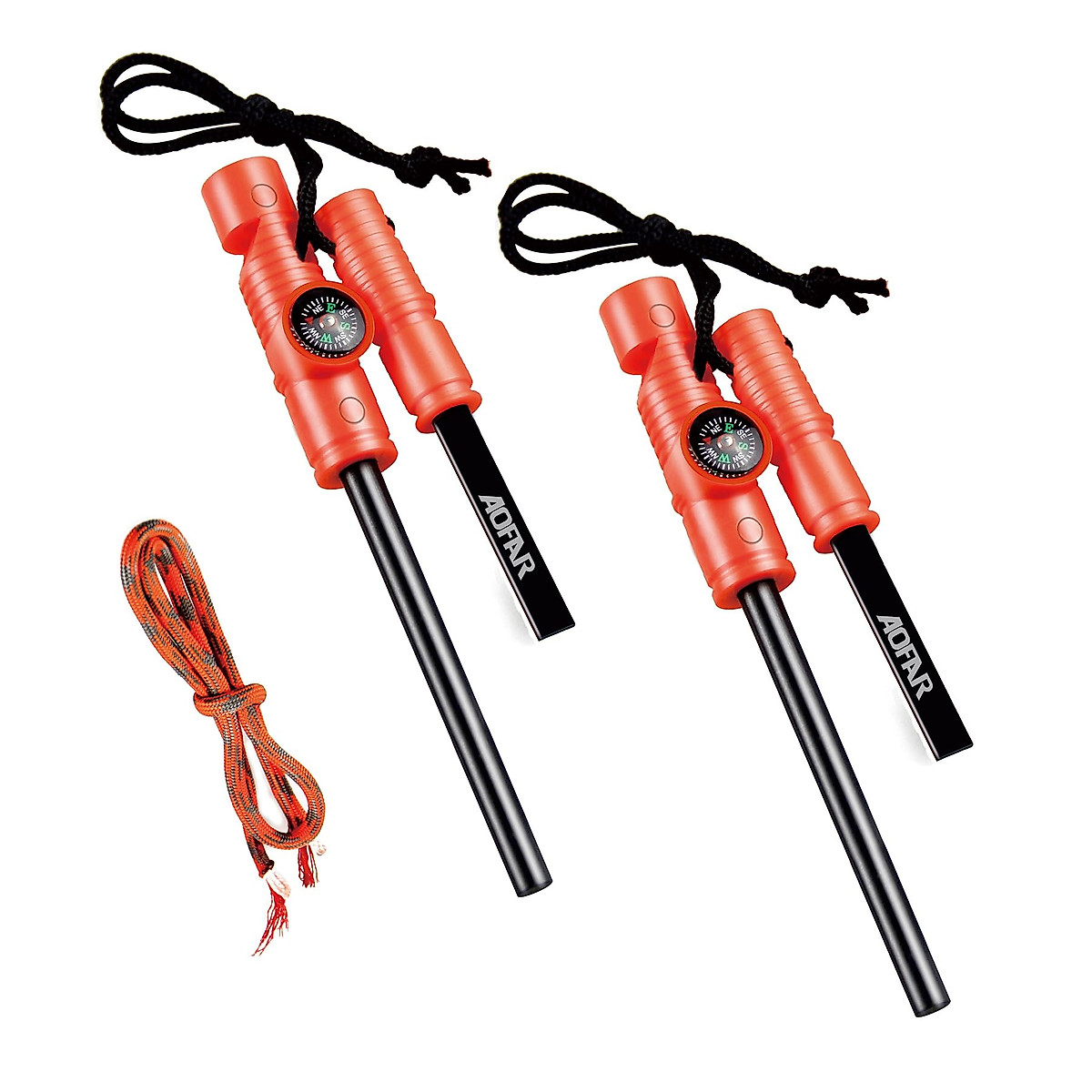 AOFAR Fire Starter AF-381 Fire Steel 5-in-1 for Camping, Hiking, Hunting, Backpacking, Boating, Outdoor Magnesium Survival Rod with Fire Paracord, Compass and Whistle, Waterproof (2-Pack)…