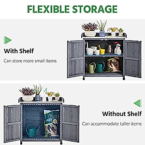 Yaheetech Garden Potting Bench Table - Outdoor Garden Patio Wooden Storage Cabinet & Solid Wood Planting Work Bench with Large Space Storage & Metal-Plated Tabletop, Gray