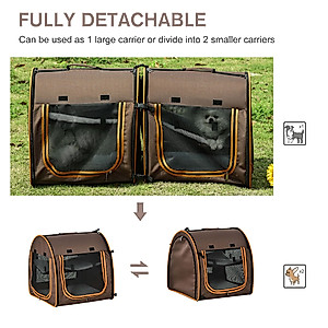 PawHut 39" Portable Soft-Sided Pet Cat Carrier with Divider, Two Compartments, Soft Cushions, & Storage Bag, Brown