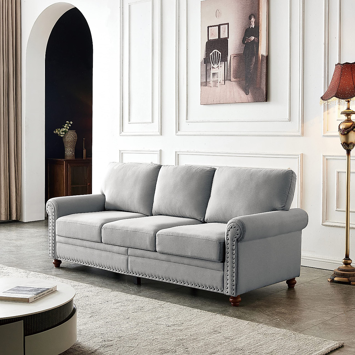 Harper & Bright Designs 3-Seat Sofa Couch Linen Upholstered Couch with Storage Space, Wood Legs, Nails Decoration Modern 3 Seater Sofa Couch for Living Room, Bedroom (Grey)