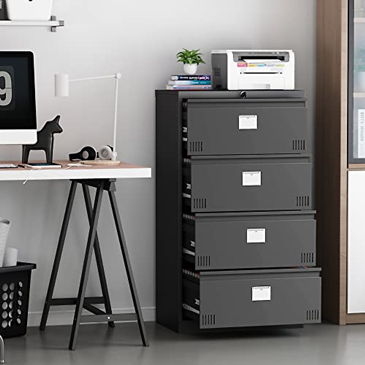 kingwolfox 4 Drawer Lateral File Cabinet with Lock, Locking lateral Filing Cabinet for Office Metal Steel File Drawers Cabinet, Lockable Horizontal File Cabinet for for Legal/Letter A4/F4 Size