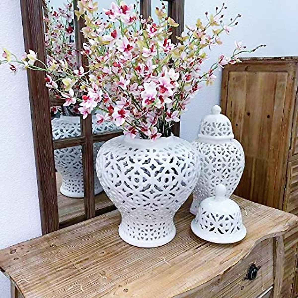 Galt International 19.5” Lattice Ginger Jar with Lid - Home Decor with Intricate Mediterranean Inspired Lattice Work - Living Room and Kitchen Decoration - 19.5” (White)
