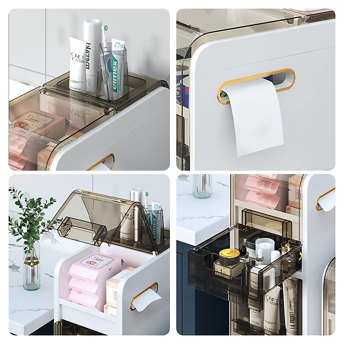 4-Tiers Bathroom Floor Storage Cabinet Narrow Slim Tall Movable Towel Organizer Side Freestanding Rolling Unit with Clear Drawers for Small Space Laundry Living Room Gap