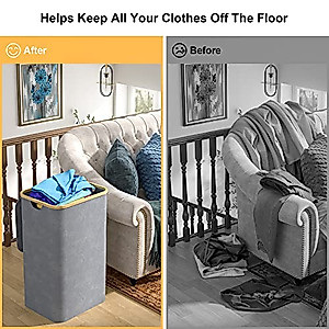 Homykic Laundry Basket with Lid, 97L Large Hamper Clothes Storage Basket with Bamboo Handles, Foldable Tall Laundry Organizer for Dorm, Bathroom, Bedroom, Clothing, Blanket, Light Grey