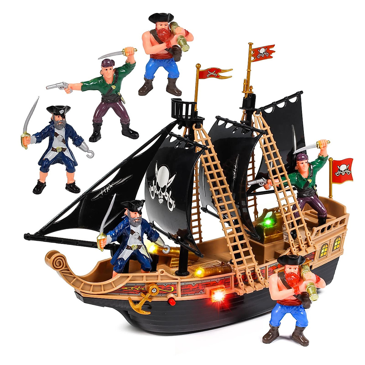 Kidplokio Toy Pirate Ship Boat Adventure Playset with Lights Sounds Action Figures, Black, Boys, Ages 3+
