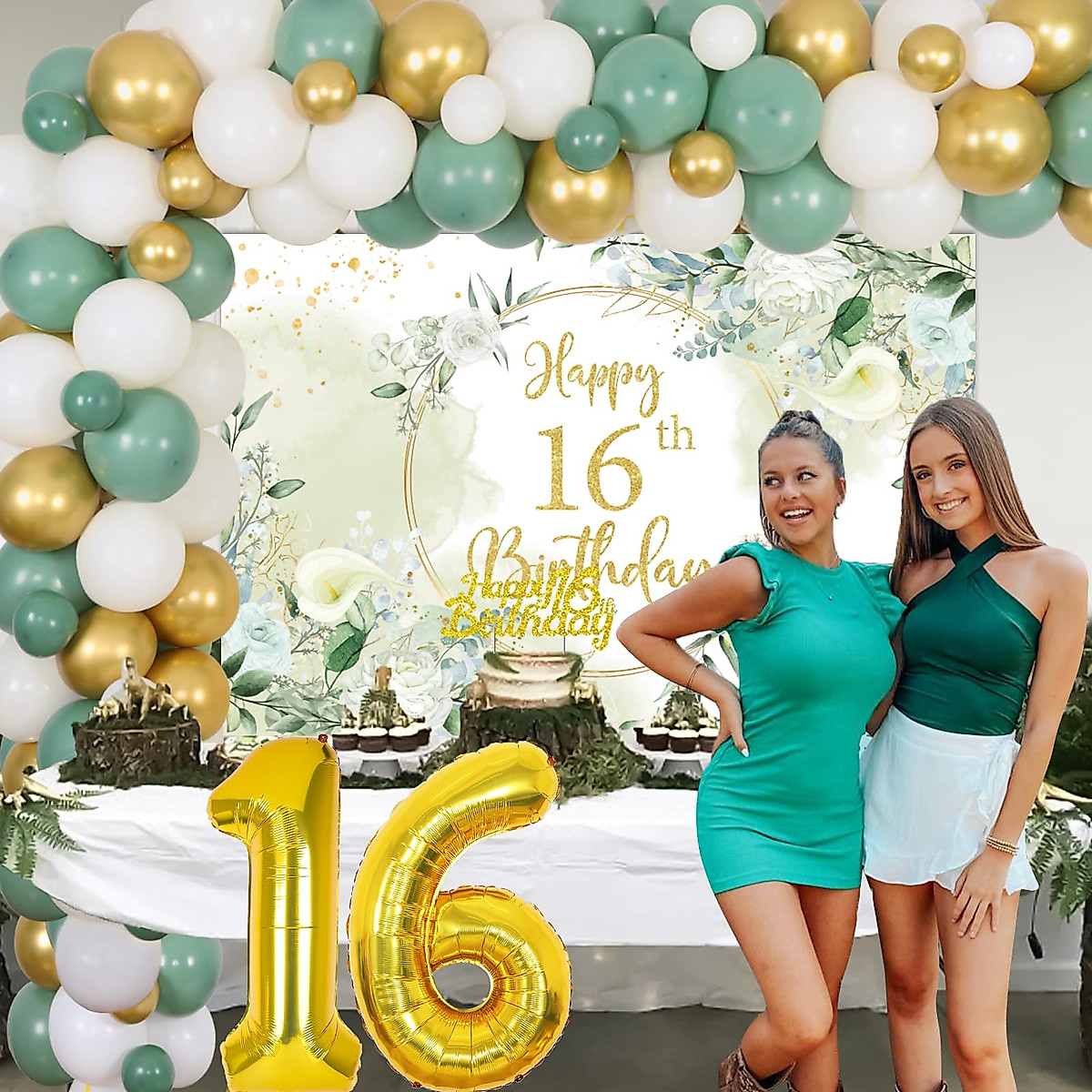Sage Green Sweet 16 Birthday Decorations - Sage Green and Gold Balloon Garland Arch Kit with Happy 16th Birthday Backdrop, Cake Topper, Foil Balloon, Sweet 16 Birthday Decorations for Girls