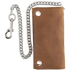 RFID Blocking Men's Tri-fold Vintage Long Style Cow Top Grain Leather with Steel Chain Wallet,Made In USA,Snap closure,G-pu339,crazy horse brown