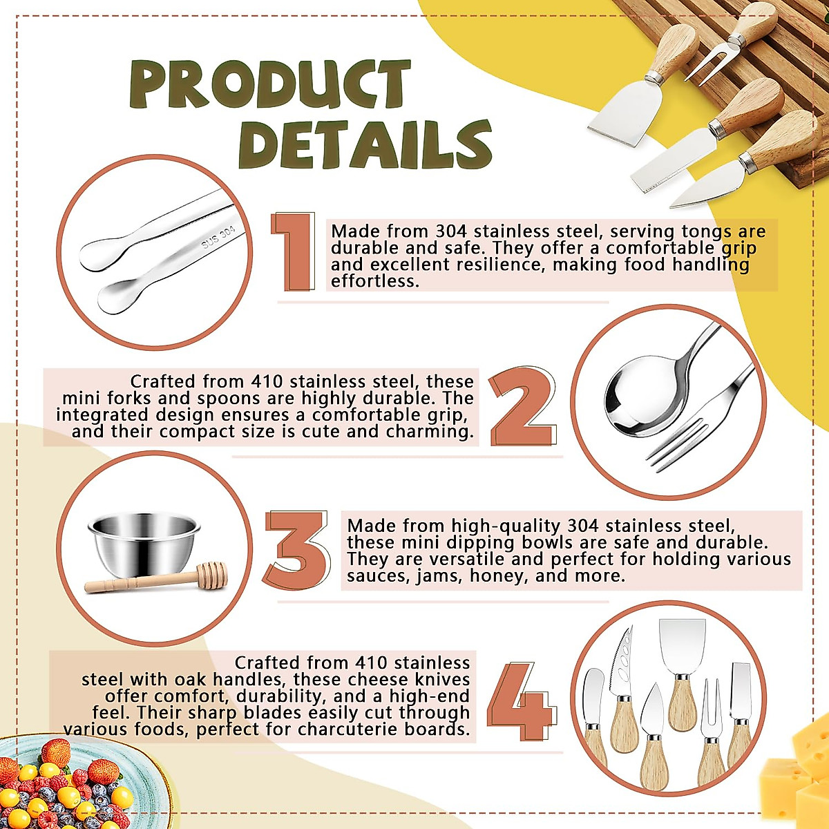Charcuterie Boards Accessories Charcuterie Utensils Cheese Butter Spreader Knife Set Small Serving Tongs Forks and Spoons Dipping Bowls Honey Dippers Toothpick Flags for Party Platter Making