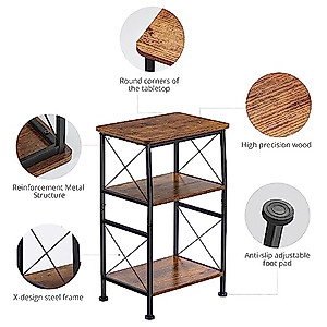 ruboka 3-Tier Small End Table, Small Side Table with Storage Shelf, Small Bookshelf with Metal Frame for Small Spaces, Nightstand, Bookcase, Display Rack for Bedroom, Living Room.