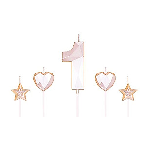 Rose Gold Number 1 Candles and Star Heart Candles 2.76 inch Number Candles for Birthday Cakes 3D Diamond Shaped for Cake Decorations(Rose Gold Candle 1)