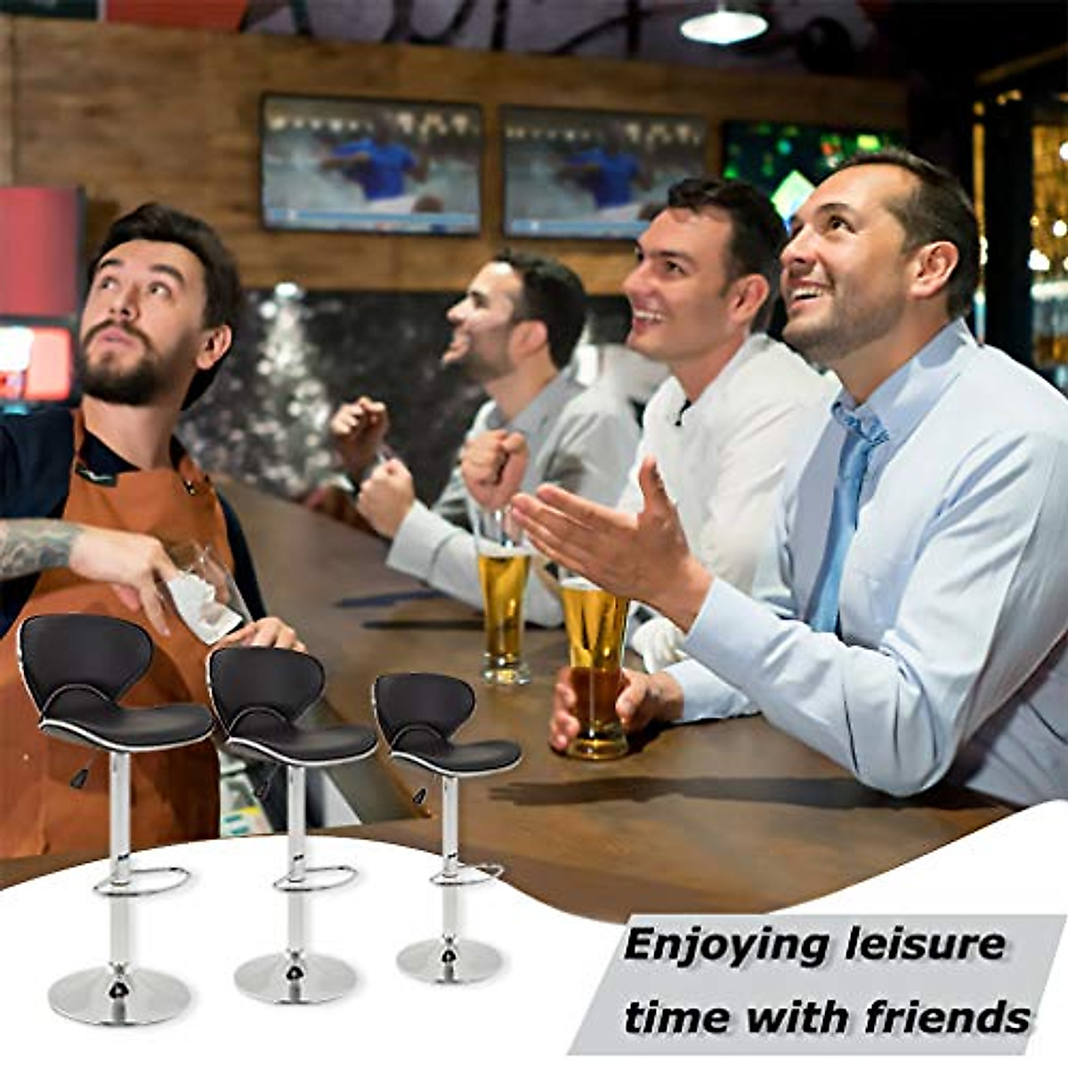 Set of 2 Bar Stools, Counter Height Adjustable Bar Chairs with Back Barstools PU Leather Swivel Bar Stool Kitchen Counter Stools Dining Chairs (Black)