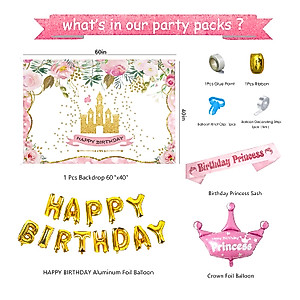 GREPARPY Princess Party Decorations - Princess Birthday Decorations Include Balloon Arch, Banner, Backdrop, Tablecloth, Tulle, Crown, Wand, Sash, Cake Topper, Girls Princess Birthday Party Supplies