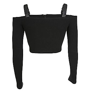 xxxiticat Women's Chic Fashion Off Shoulder Long Sleeve Cold Shoulder Knitted Zipper Up Tshirts Crop Tops Camis(T-BL,M) T-Black