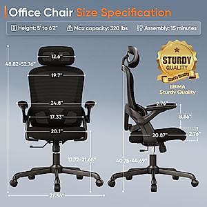 Ergonomic Office Chair, High Back Mesh Desk Chair with Adjustable Lumbar Support, 3D Flip-Up Arms, Headrest, Swivel Rolling Wheel, Big and Tall Comfy Wide Work Task Computer Gaming Chairs for Adults