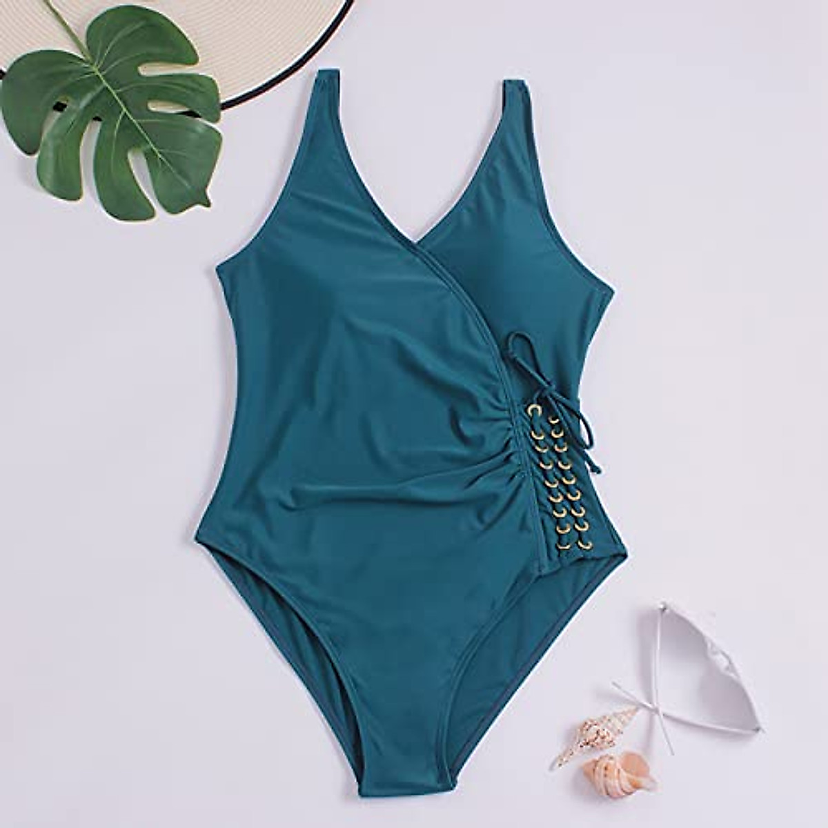 DUOWEI Bikini Woman Flower Swimsuit for Women Bathing Suit V Neck Backless Solid Metal Ring Decoration Swimwear Boxing Short