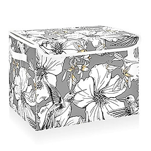 CaTaKu Hibiscus Floral Gray Storage Bins with Lids and Handles, Fabric Large Storage Container Cube Basket with Lid Decorative Storage Boxes for Organizing Clothes