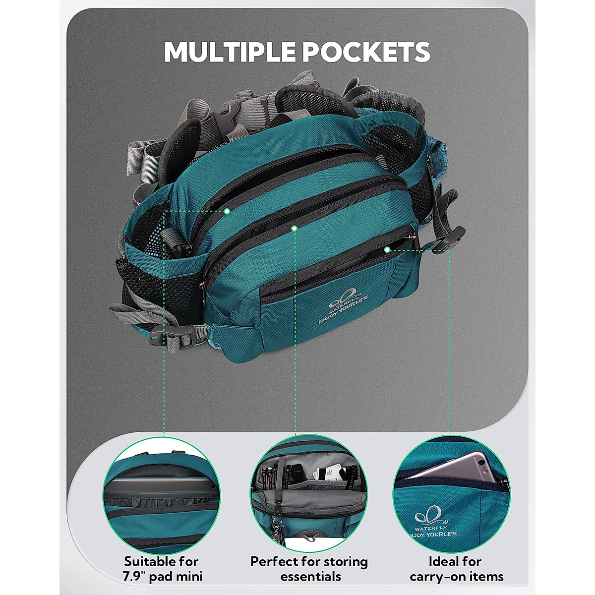 WATERFLY Fanny Pack Waist Bag: Fannie Pack 2 Water Bottle Holders Lumbar Belt Hiking Walking Running Jogging Camping Large Woman Man (Bottle Not Included)