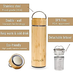 UPFLICK Bamboo Tea Tumbler Set of 2 Insulated Water Bottle with Tea Infuser Coffee Thermos Stainless Steel Vacuum Carafe Gifts for Women Birthday Unique Couple Gift (Pack of 2)