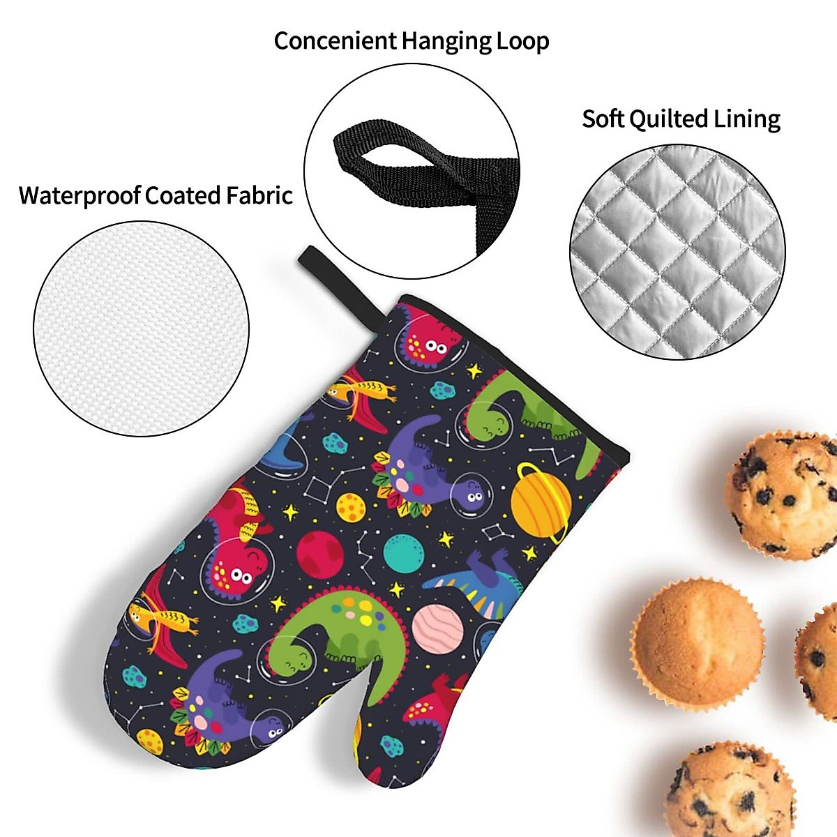 Cute Dinosaur in Space Oven Mitts and Pot Holders Heat Resistant Anti Scald for Kitchen Cooking Baking Grilling Sets of 3