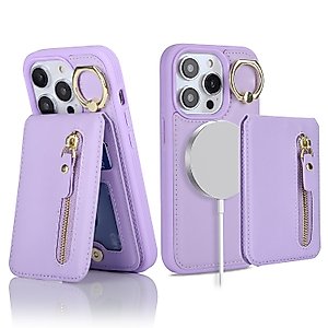 Ｈａｖａｙａ for iPhone 14 pro max Case magsafe compatible iphone 14 pro max phone case with Card Holder for women leather zipper phone wallet detachable 2-in-1 magnetic-Purple