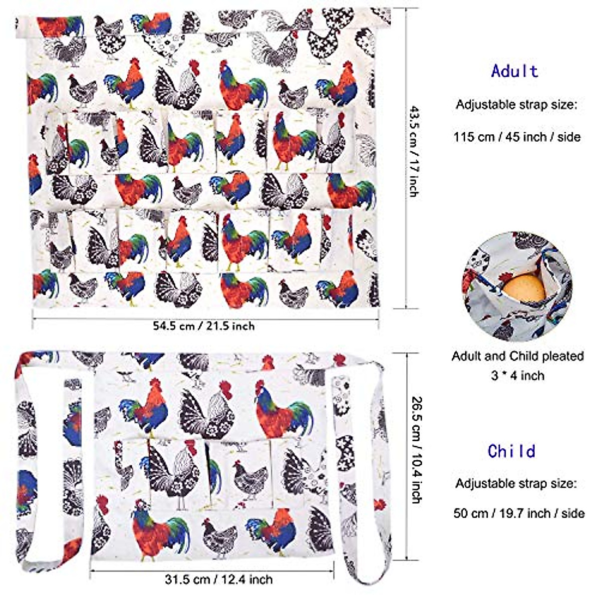 longsen Egg Apron 2 Pack(Adult 12 Pockets + Child 3 Pockets), Gathering and Collecting Chicken Duck Goose Egg, Suitable for Housewife Farmhouse Kitchen Restaurant Parent-Child Activities, Rooster, Hen