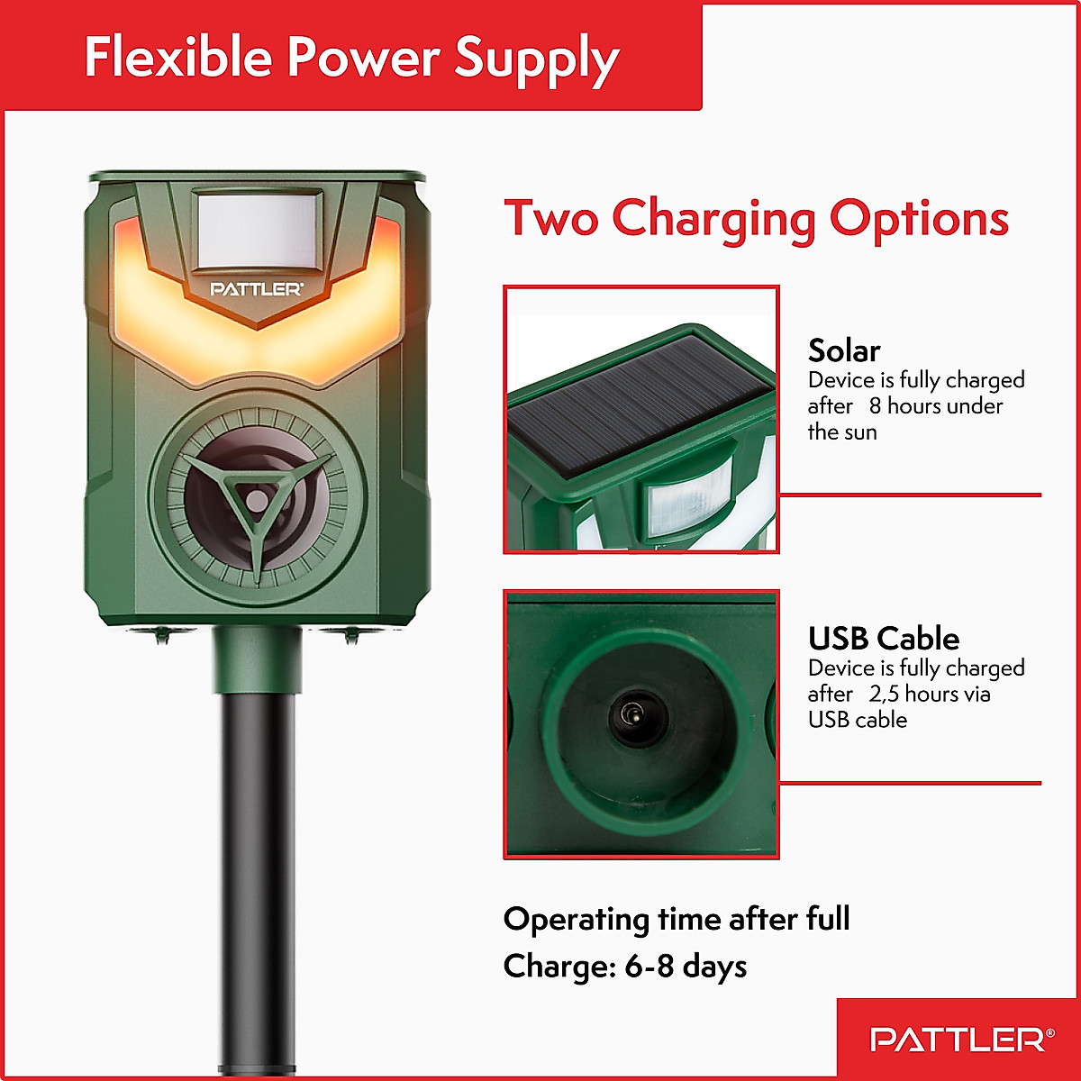 PATTLER® Animal Repellent Outdoor with Flame Light to Scare Animals | Deer and Rabbit Repellent with Motion Sensor up to 10m Range | Ultrasonic Deer Repellent | Rabbit Repellent Outdoor | | 1 Pack