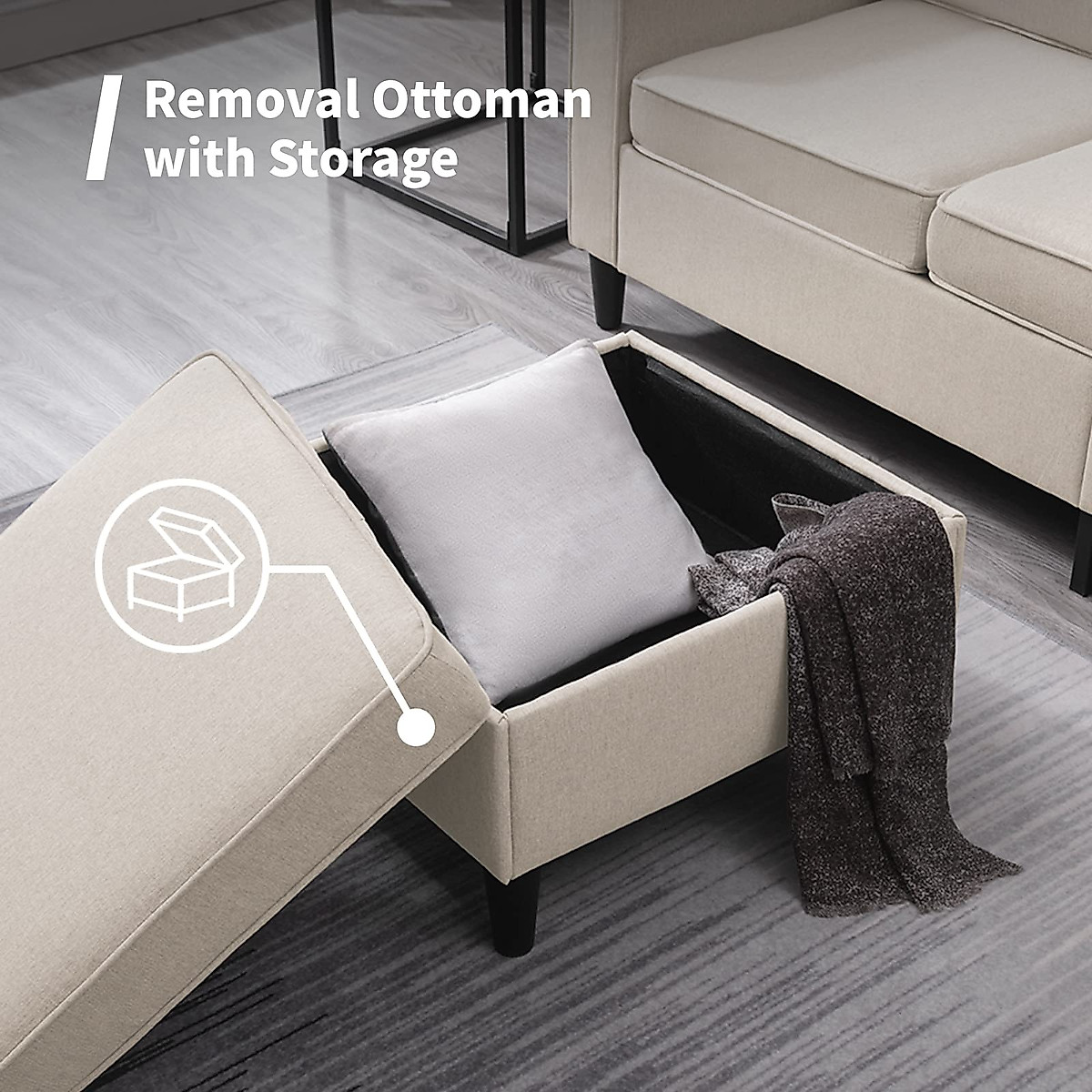 Mjkone 78“ Sectional Sofa Couch for Living Room | Convertible Linen Sofa Chaise with Reversible Storage Ottoman | Modern Modular Sofa with 2 Side Pockets | Small Sofa for Small Places | Office (Beige)