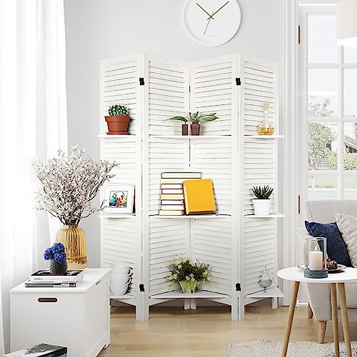 ECOMEX 4 Panel Room Divider with Shelves 5.6Ft Tall Folding Privacy Screens Room Dividers for Bedroom Home Double Hinged Wooden Room Dividers and Room Separator, White