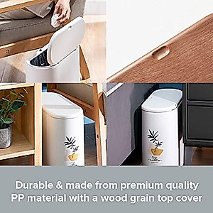 3.2Gal/12.1L Oval Slim Trash Can - Nordic Style Garbage Can with Lid - White Plastic Trash Can w/ Press Top Wood Grain Lid - Space Saving Kitchen Trash Can w/ Double Barrel Removable Plastic Bin Liner