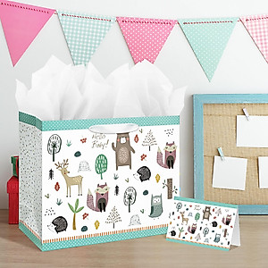 13" Large Baby Gift Bag with Card and Tissue Paper for Baby Shower,Kids Birthday (Woodland Animal)
