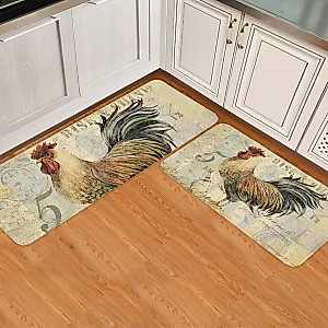 2 Piece Kitchen Mats Cushioned Anti Fatigue Chicken Cock Rooster Waterproof Non Slip Kitchen Rugs Washable Indoor Outdoor Vintage Rustic Farmhouse 15.7x23.6+15.7x47.2