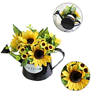 Takefuns Artificial Sunflowers and Metal Kettle Potted, Artificial Sunflowers Bouquet in Pot Bonsai, for Home Office Garden Party Wedding Table Decor
