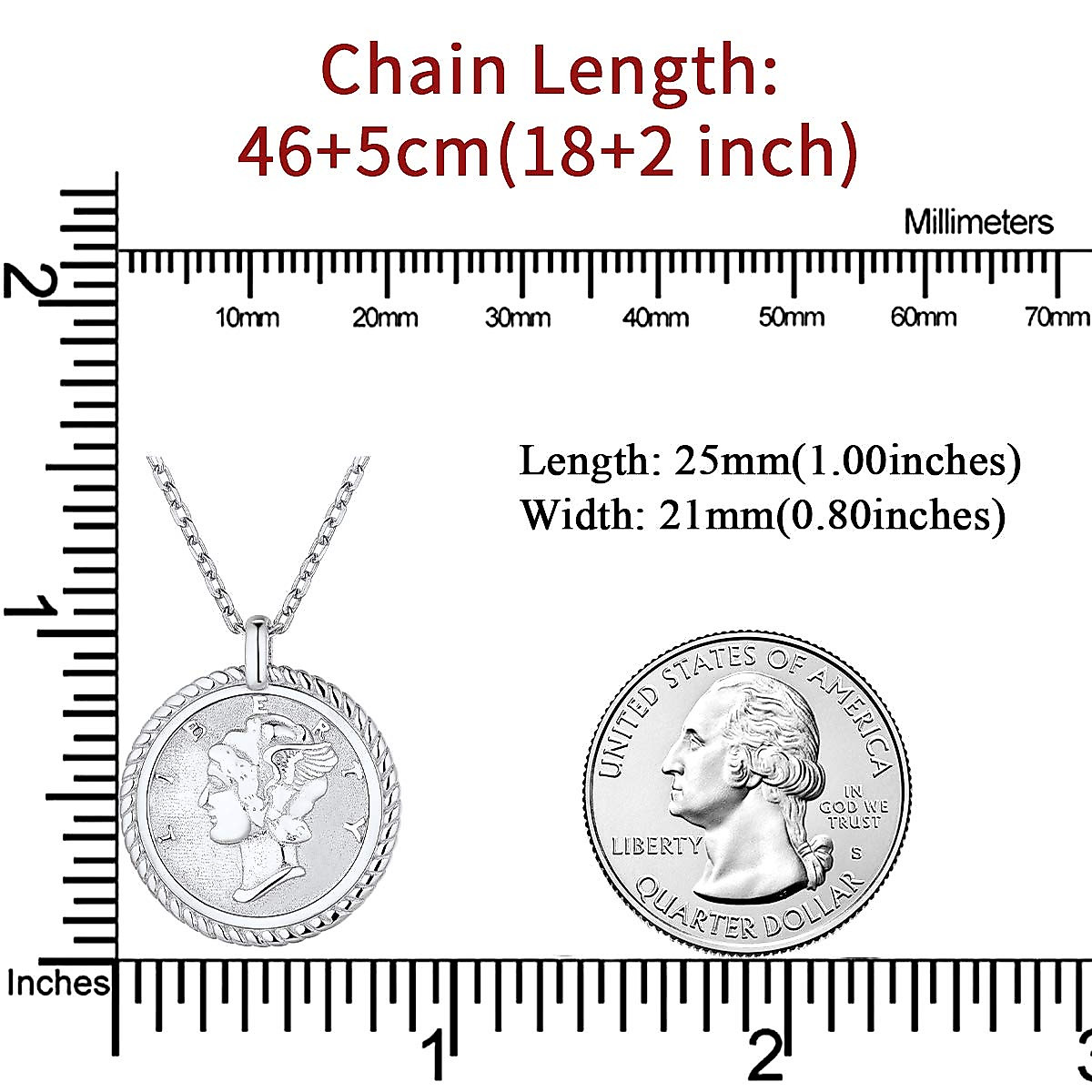 Mercury Dime Coin Pendant Necklace, 925 Sterling Silver Vintage American Coin Round Medallion Pendant with 18" Chain Necklace Mothers Day Jewelry Gifts for Moms