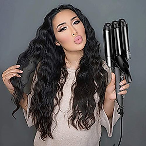 Tourmaline Ceramic 3 Barrel Curling Iron and Waver, 1 Inch - Mermaid Beach Waves, Heat Up Quickly, Black